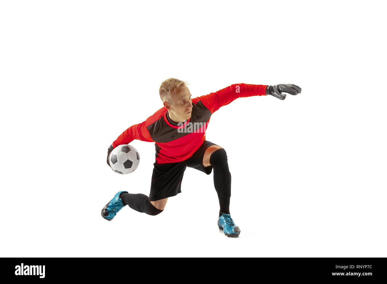 one soccer player goalkeeper man throwing ball. Silhouette isolated on ...