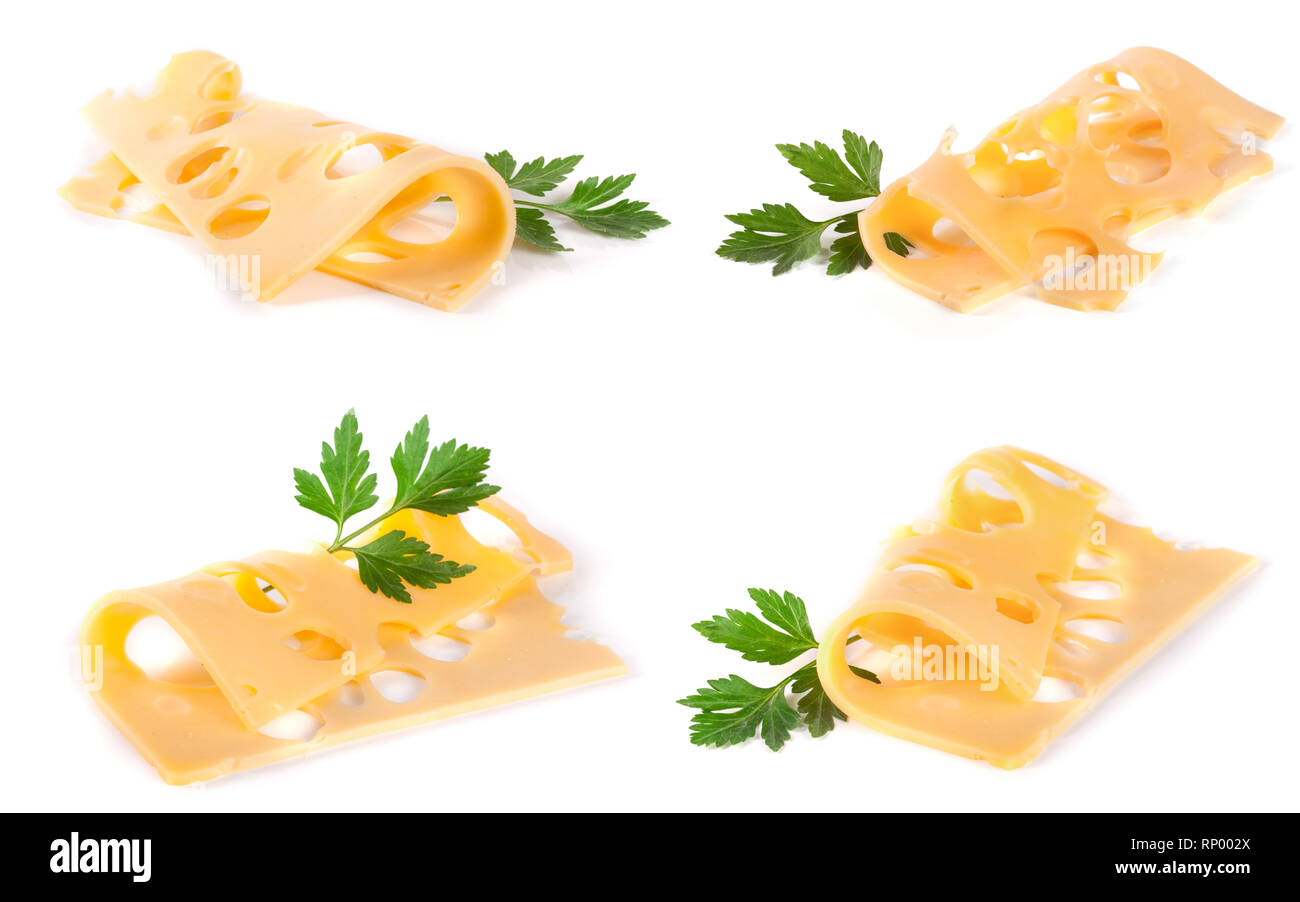 cheese slice with large holes isolated on white background cutout. .Set ...