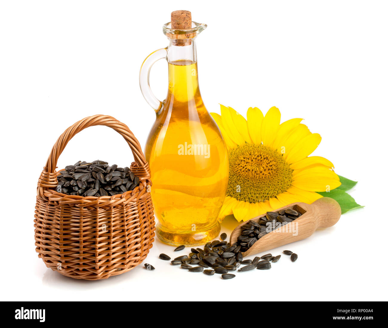 Sunflower oil, seeds and flower isolated on white background Stock ...