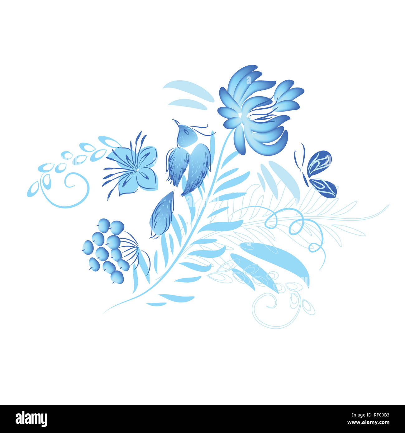 Set of blue flowers and bird Stock Photo - Alamy
