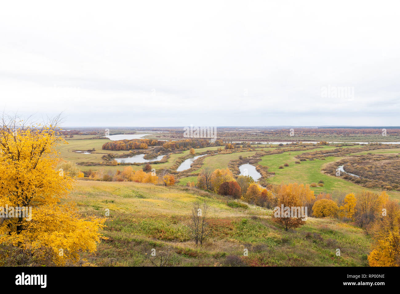 Russian landscape in autumn. View of the plain with the river ...