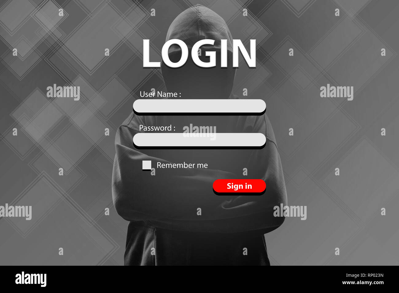 Login form and hacker with lock on dark background. Concept of cyber ...