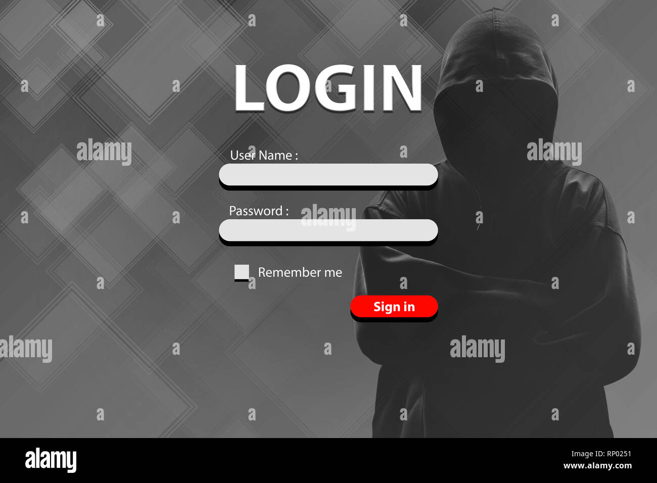 Login form and hacker with lock on dark background. Concept of cyber ...