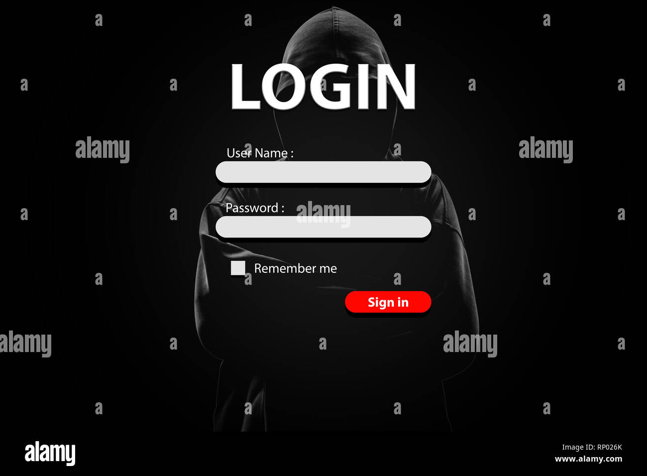 Login form and hacker with lock on dark background. Concept of cyber ...