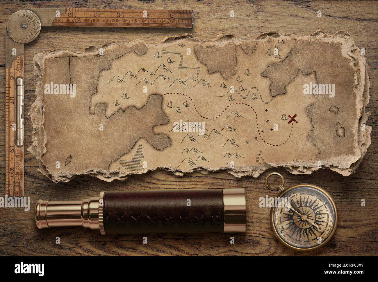 Old torn treasure map with compass and spyglass top view still life ...