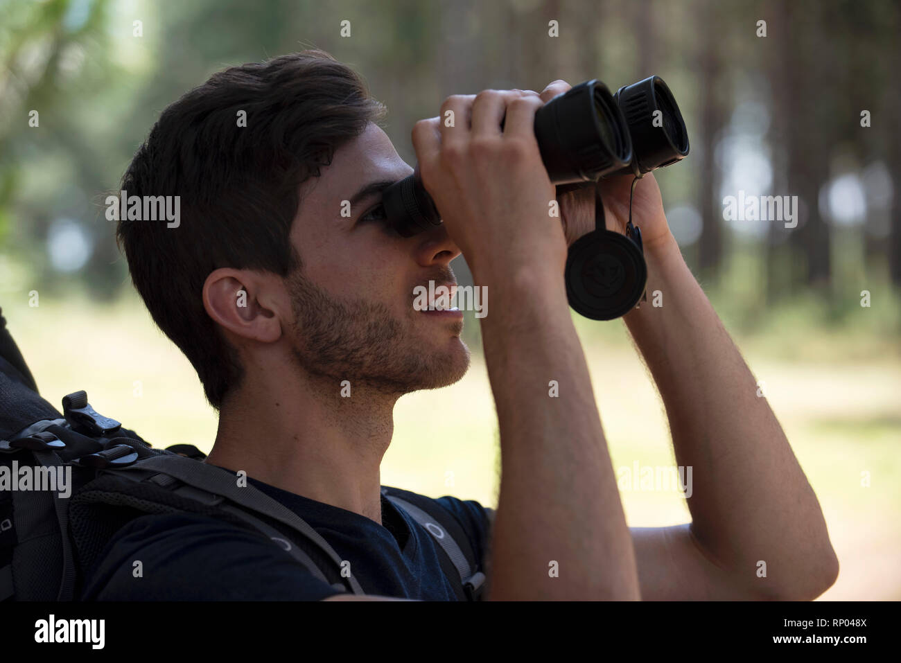 Young man looking through binoculars in forest Stock Photo - Alamy