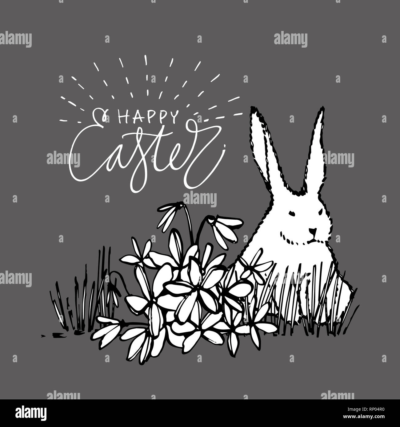 Easter greeting card. Cute rabbits, hand draw illustration with ...