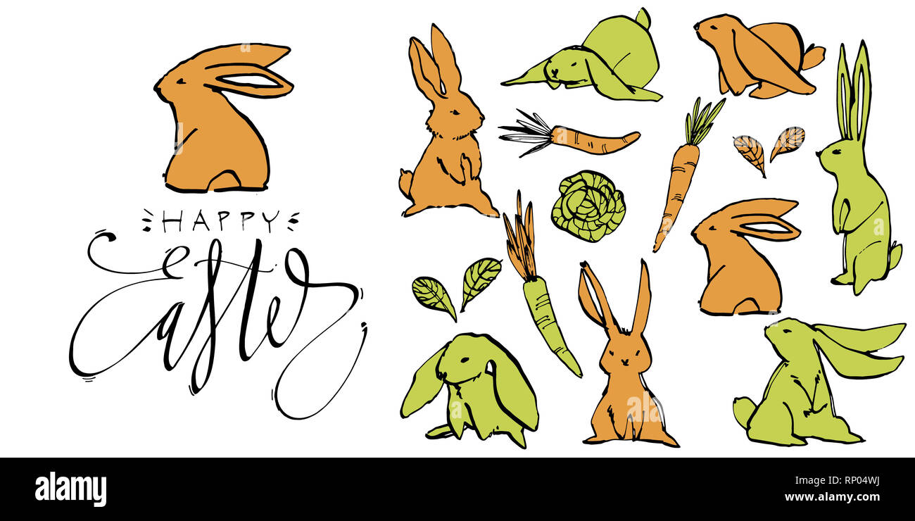 Cute rabbits, hand draw illustration with letterings phrases-Happy ...