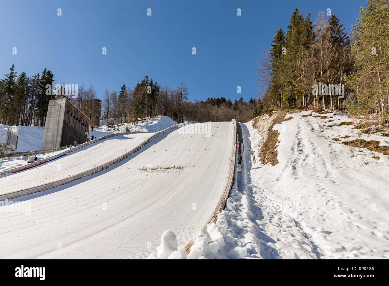 Planica Nordic Center, complex of ski jump hills sunny winter day ...