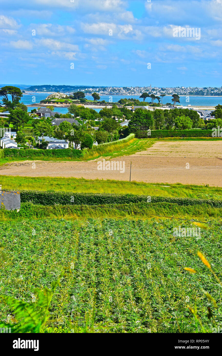 A rural view over French farming land near St Pol de Leon,with the ...