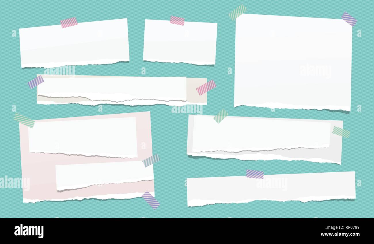 Set of white ripped notebook paper, torn note paper strips stuck with ...