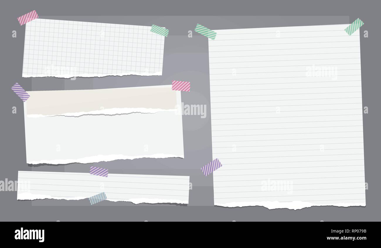 Set of white ripped notebook paper, torn note paper strips stuck with ...