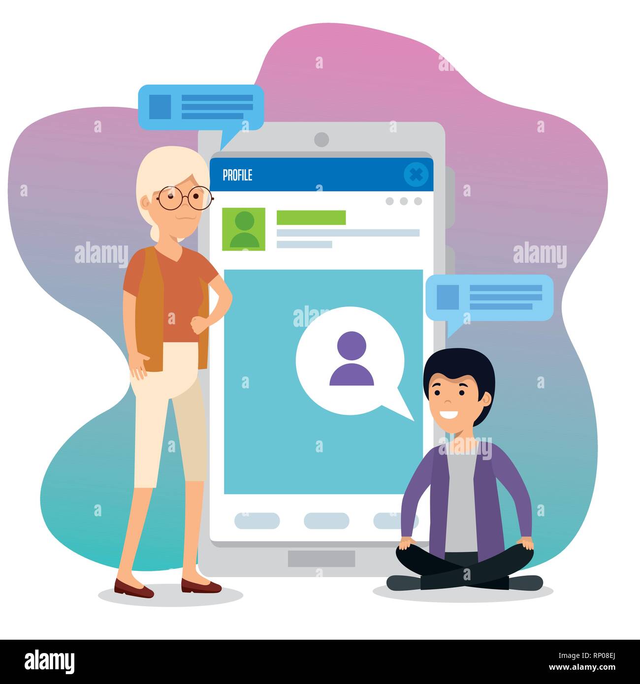 woman and boy with smartphone and chat profile vector illustration ...