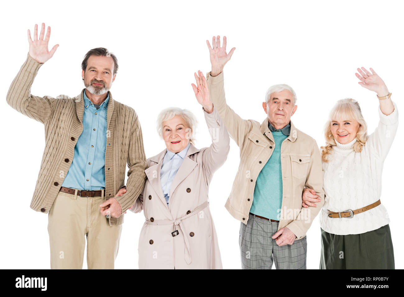 cheerful retired people waving hands isolated on white Stock Photo - Alamy