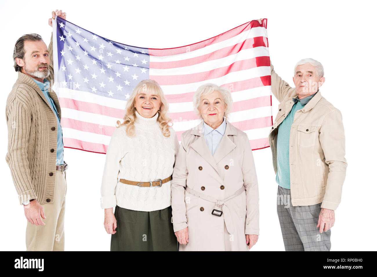 happy senior people holding american flag isolated on white Stock Photo ...