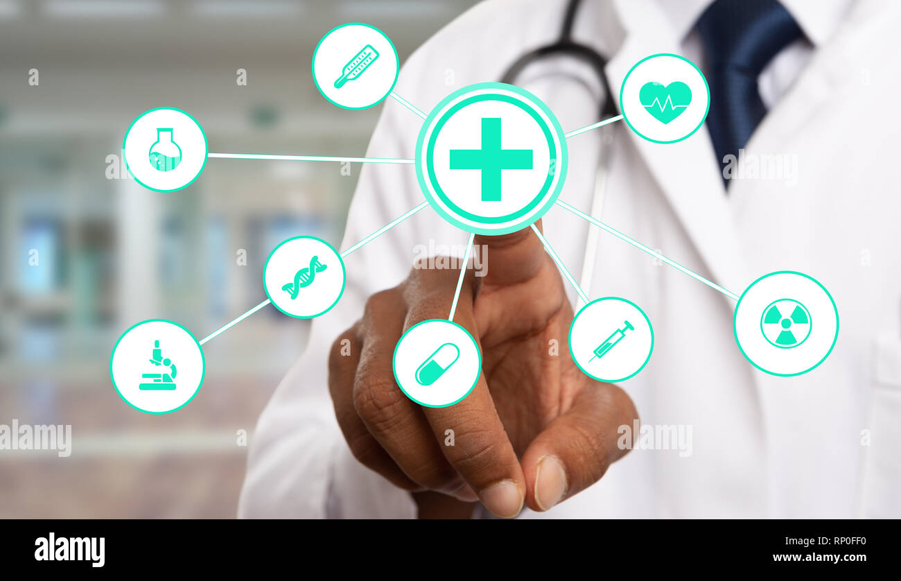 Closeup of indian doctor pressing using index fingers green medical ...