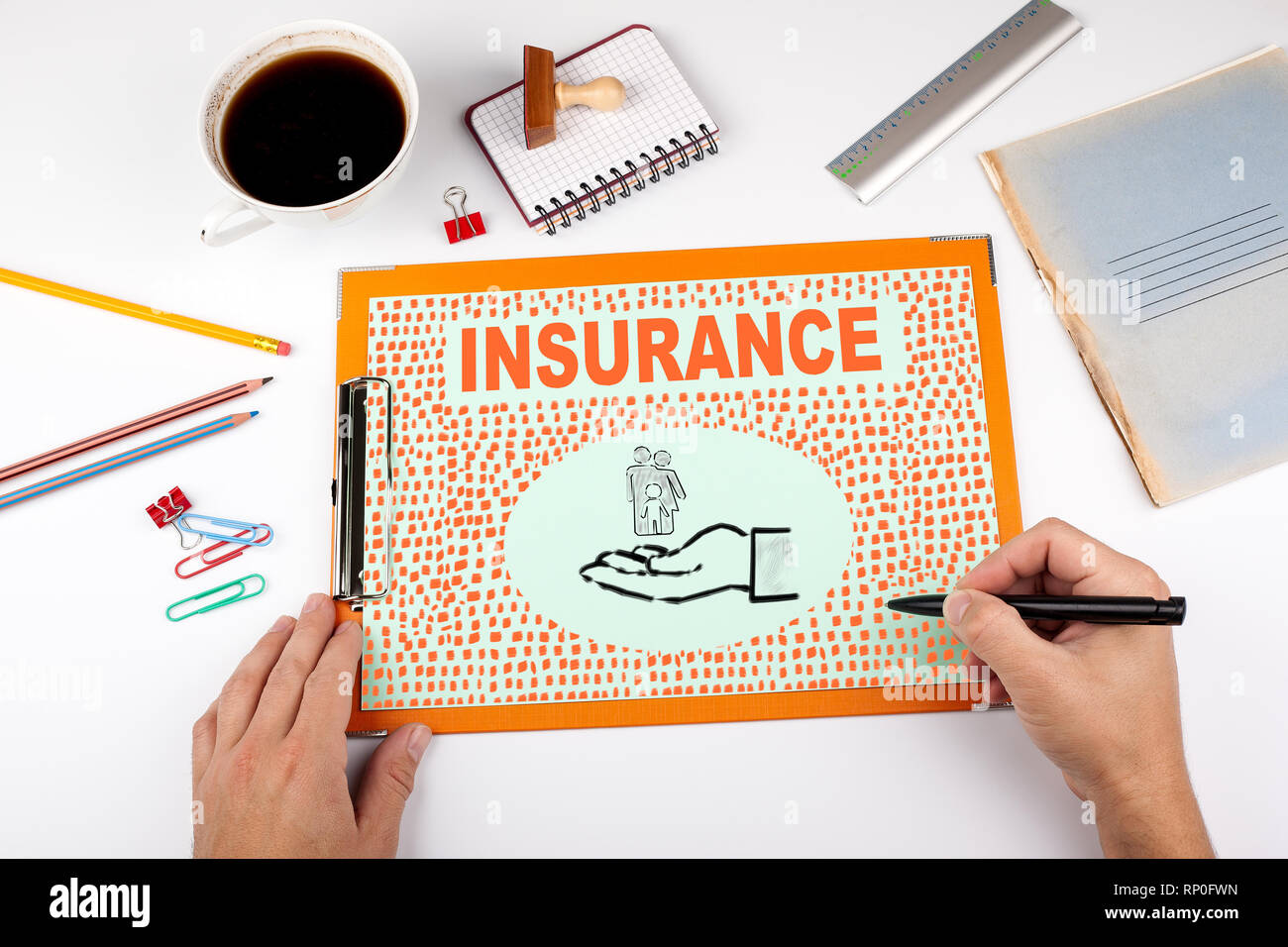 Insurance Concept. Office desk with stationery Stock Photo - Alamy