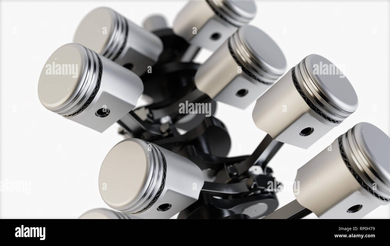 Pistons and crankshaft on a white background. The V8 engine. 3D ...