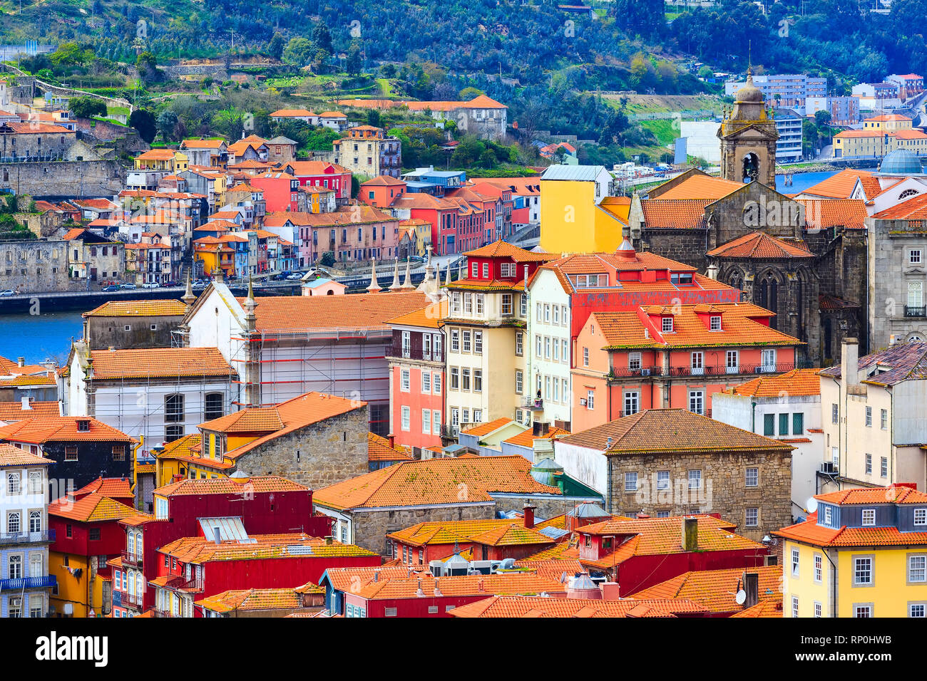 Porto, Portugal old town ribeira aerial view with colorful houses ...