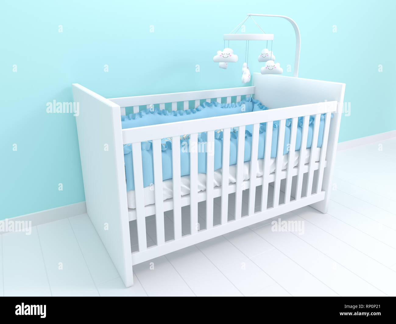 Image of white baby cot with wall. 3d render Stock Photo - Alamy