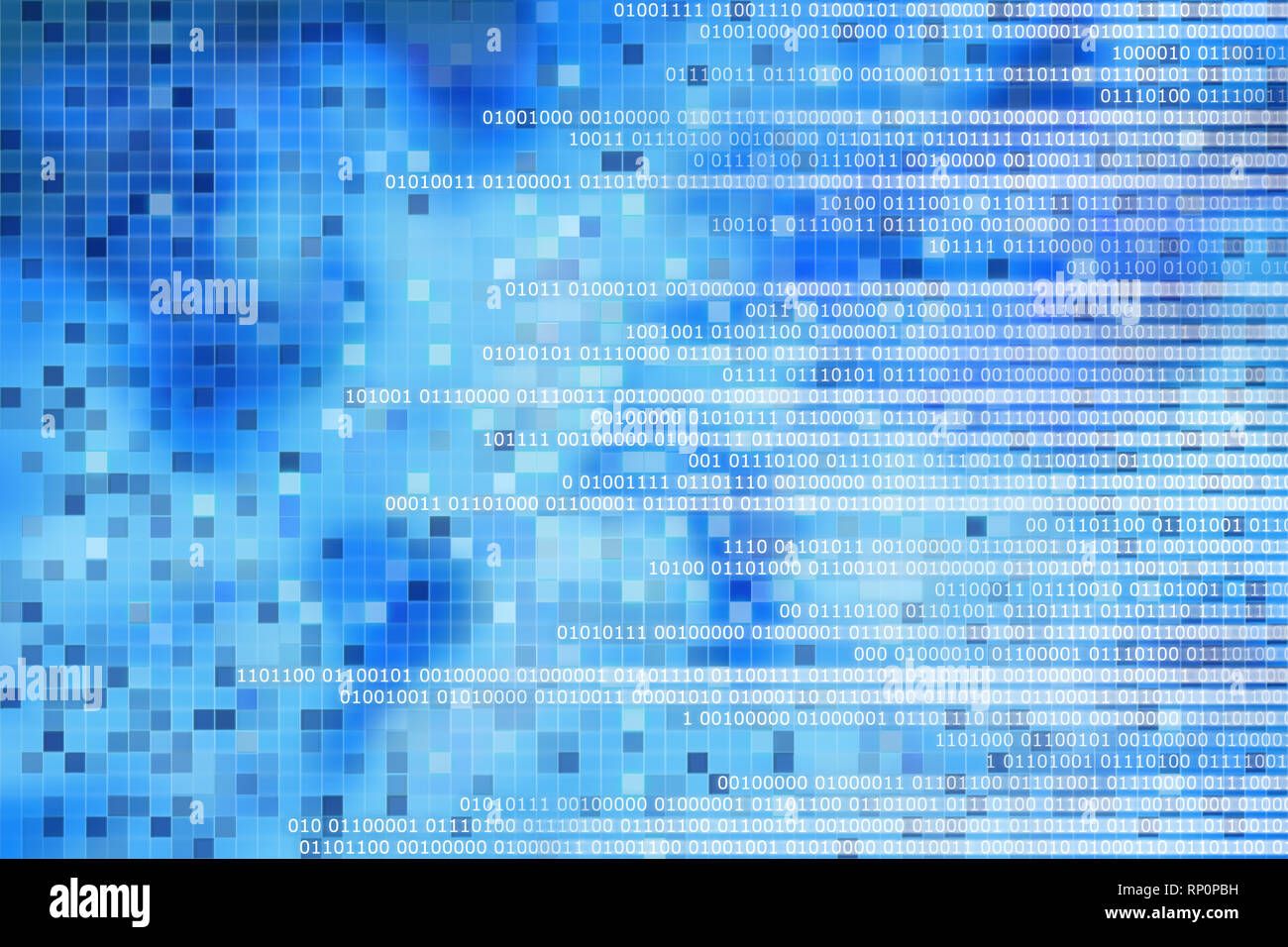 digital computer data concept. white binary code text on blue pixel blocks abstract background ...