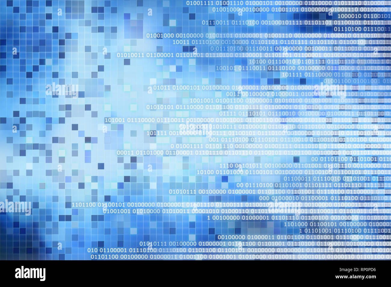 digital computer data concept. white binary code text on blue pixel blocks abstract background ...
