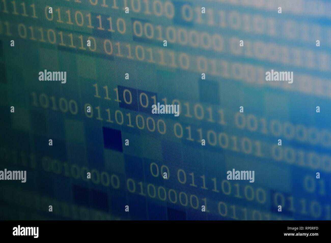 computer block of binary code on blue pixel background. light and dark ...