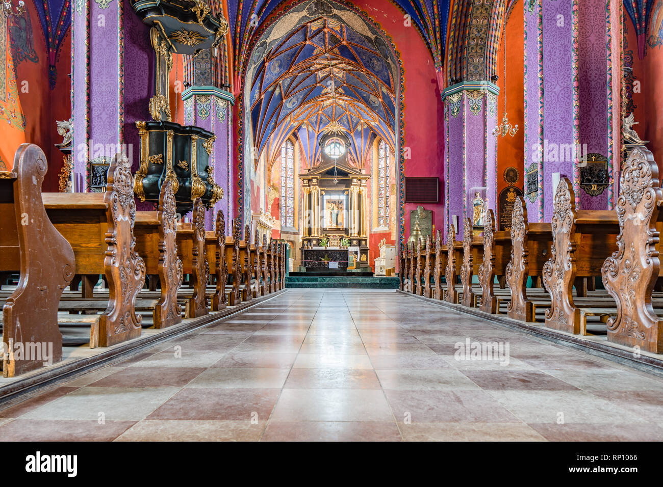 Colorful interior of the catholic cathedral church in the old town in ...