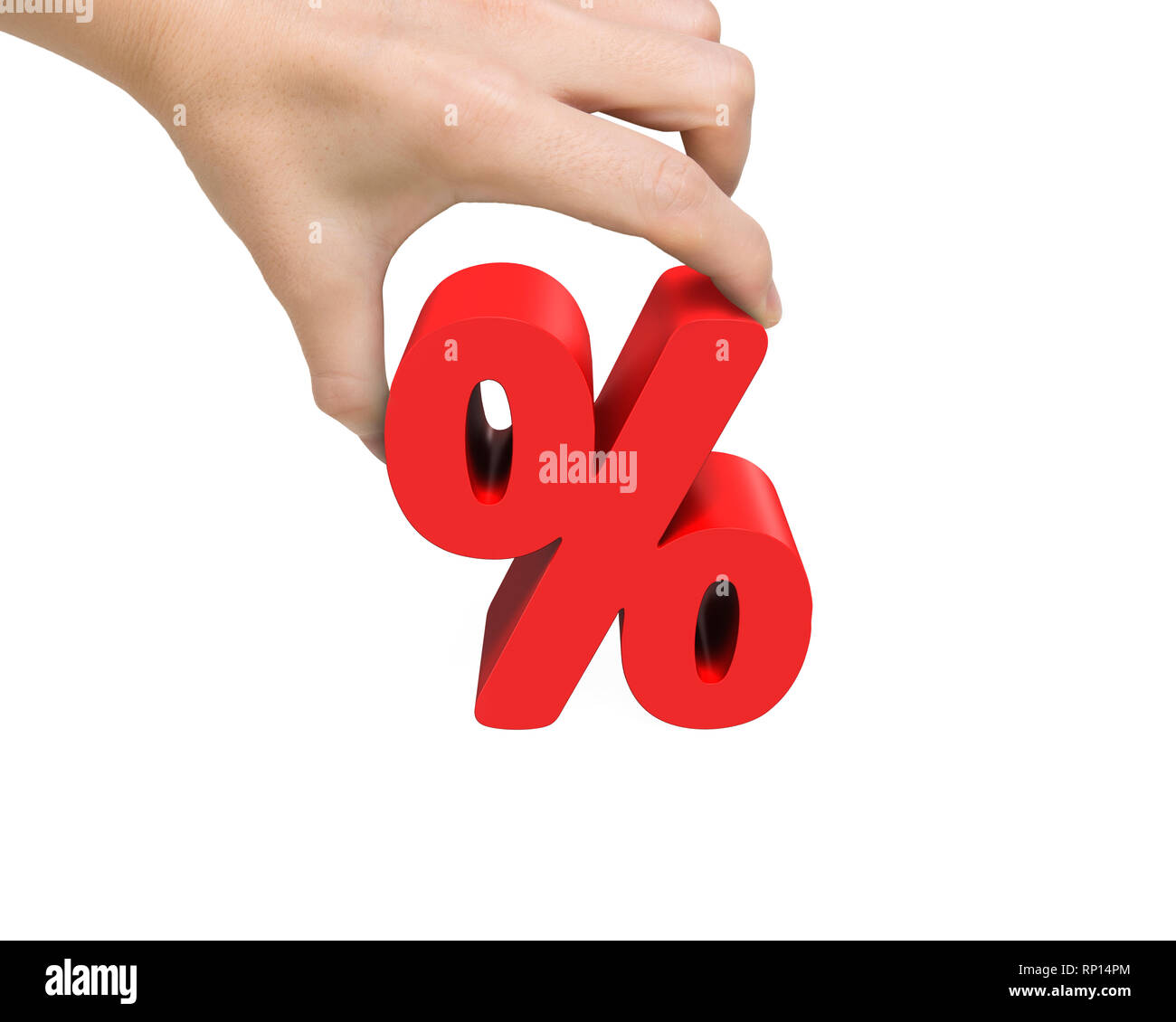 Woman hand holding 3D red percentage sign, isolated on white background ...