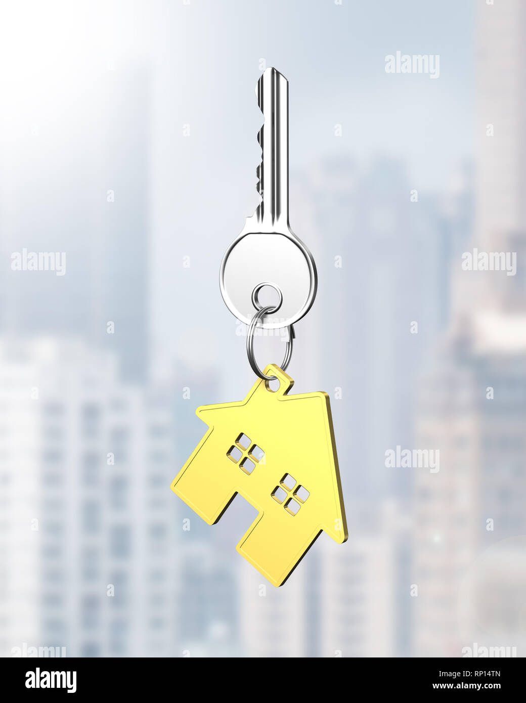 Silver key with house shape key ring, on city buildings background ...
