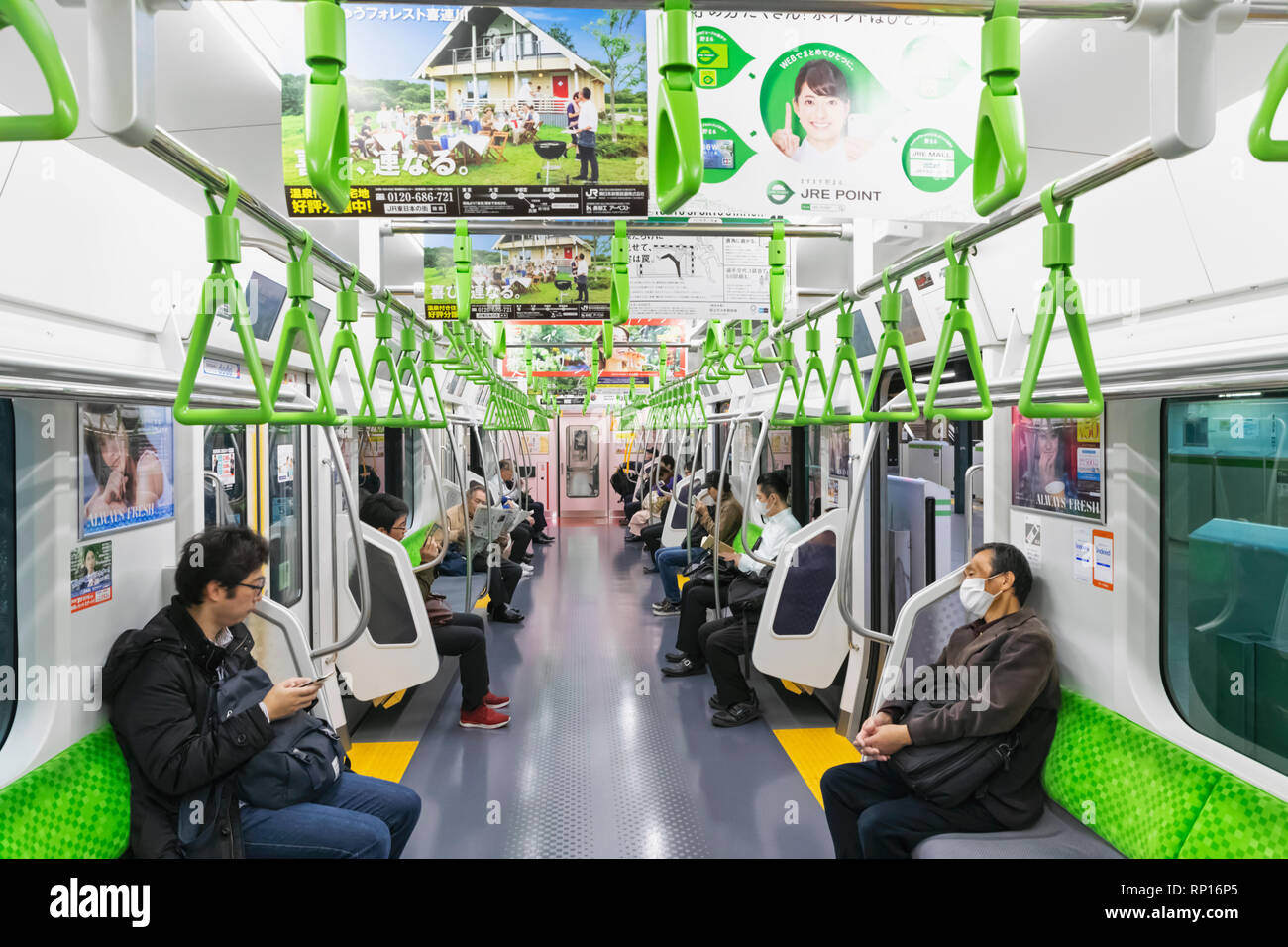 Japan, Honshu, Tokyo, Yamonote Line, Interior of Train Carriage Stock ...