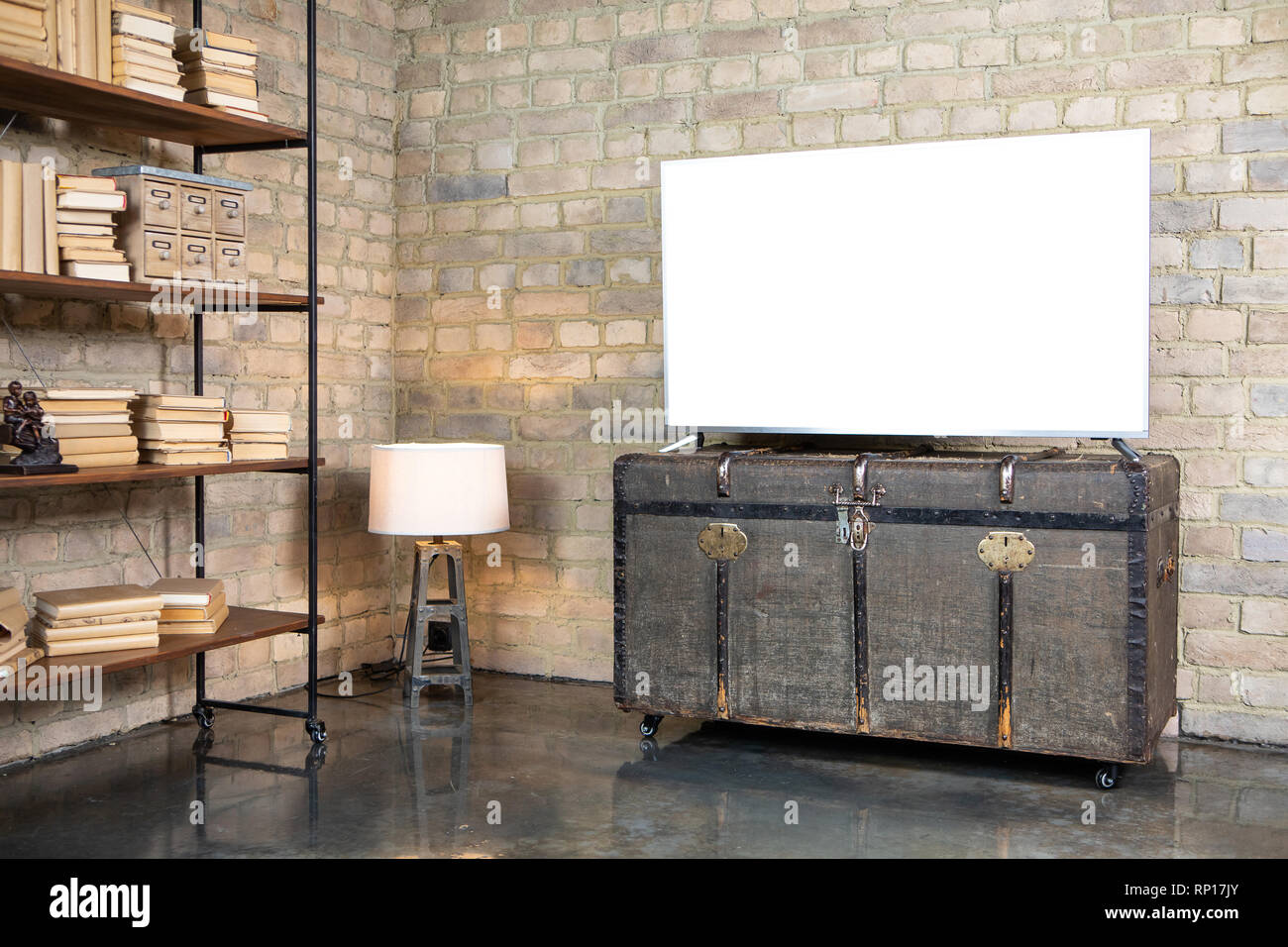 White TV screen to insert retro style interior image on a chest Stock ...