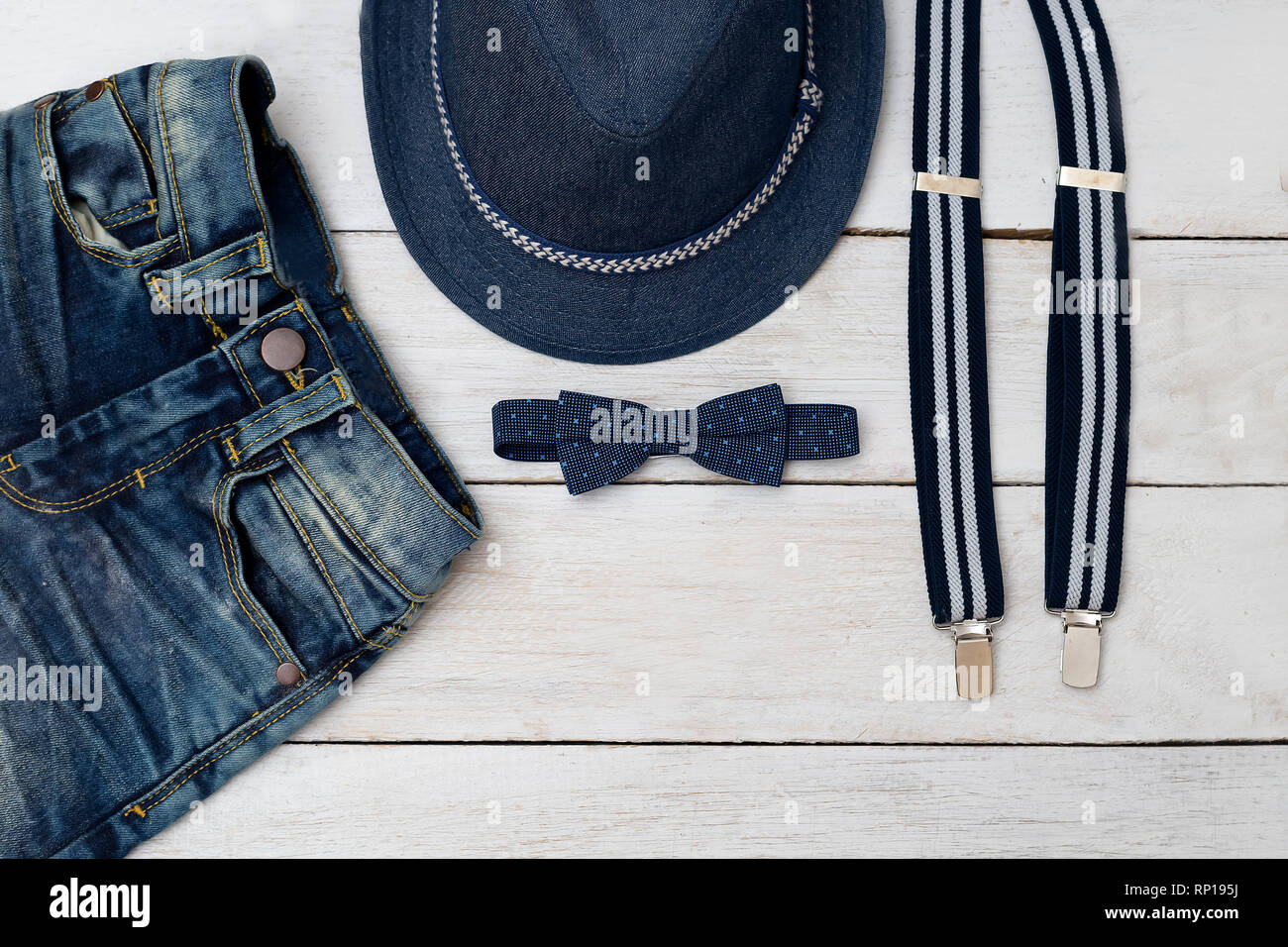 Kids fashion. Clothing and accessories of blue for the boy Stock Photo ...
