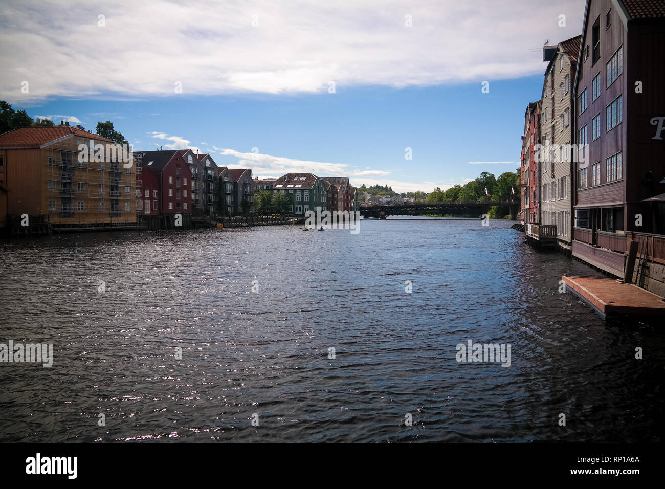 Panoramic view to Nidelva river and stilt houses in Trondheim, Norway ...