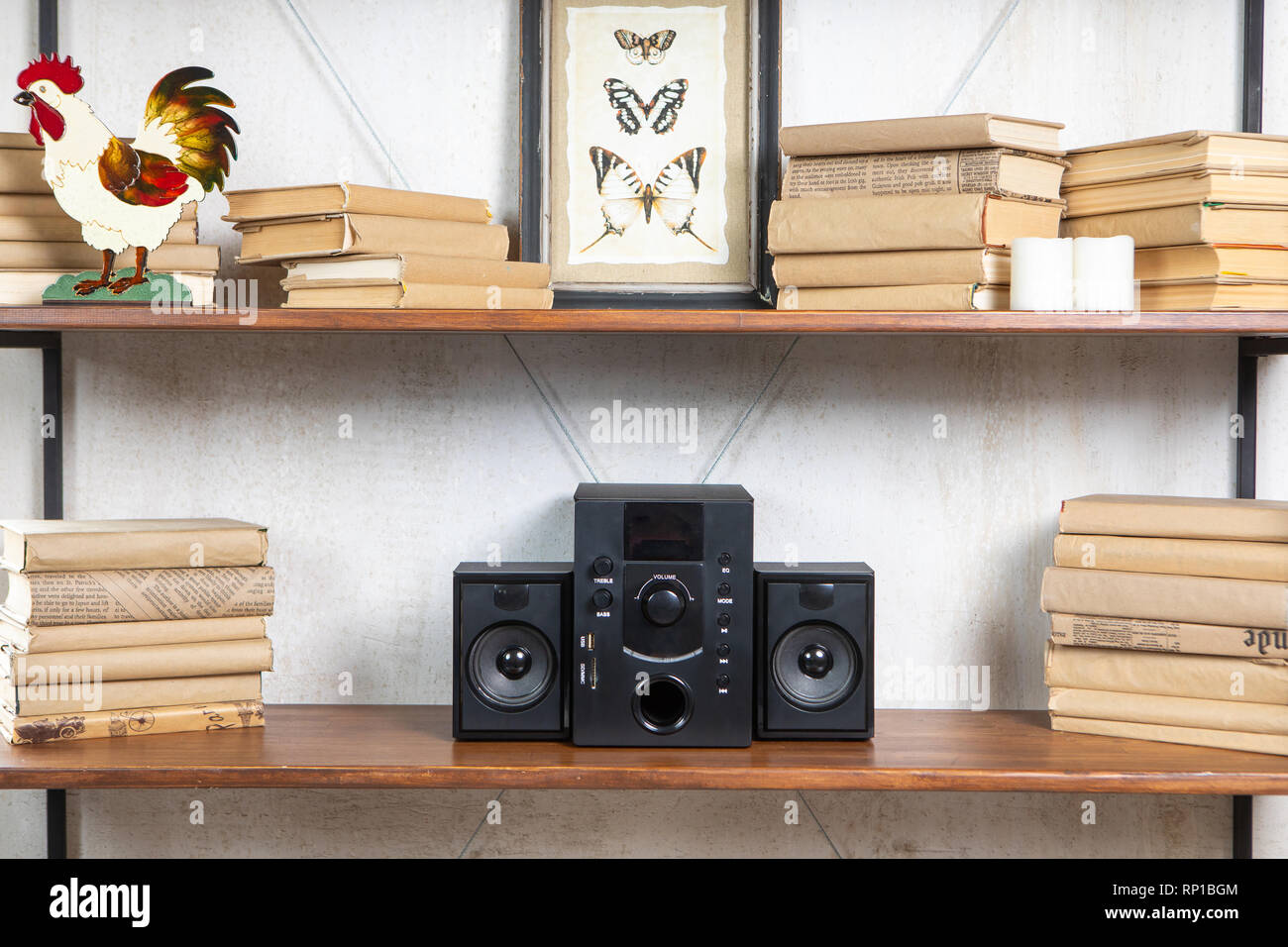 Compact music center in vintage residential loft interior on the shelf ...