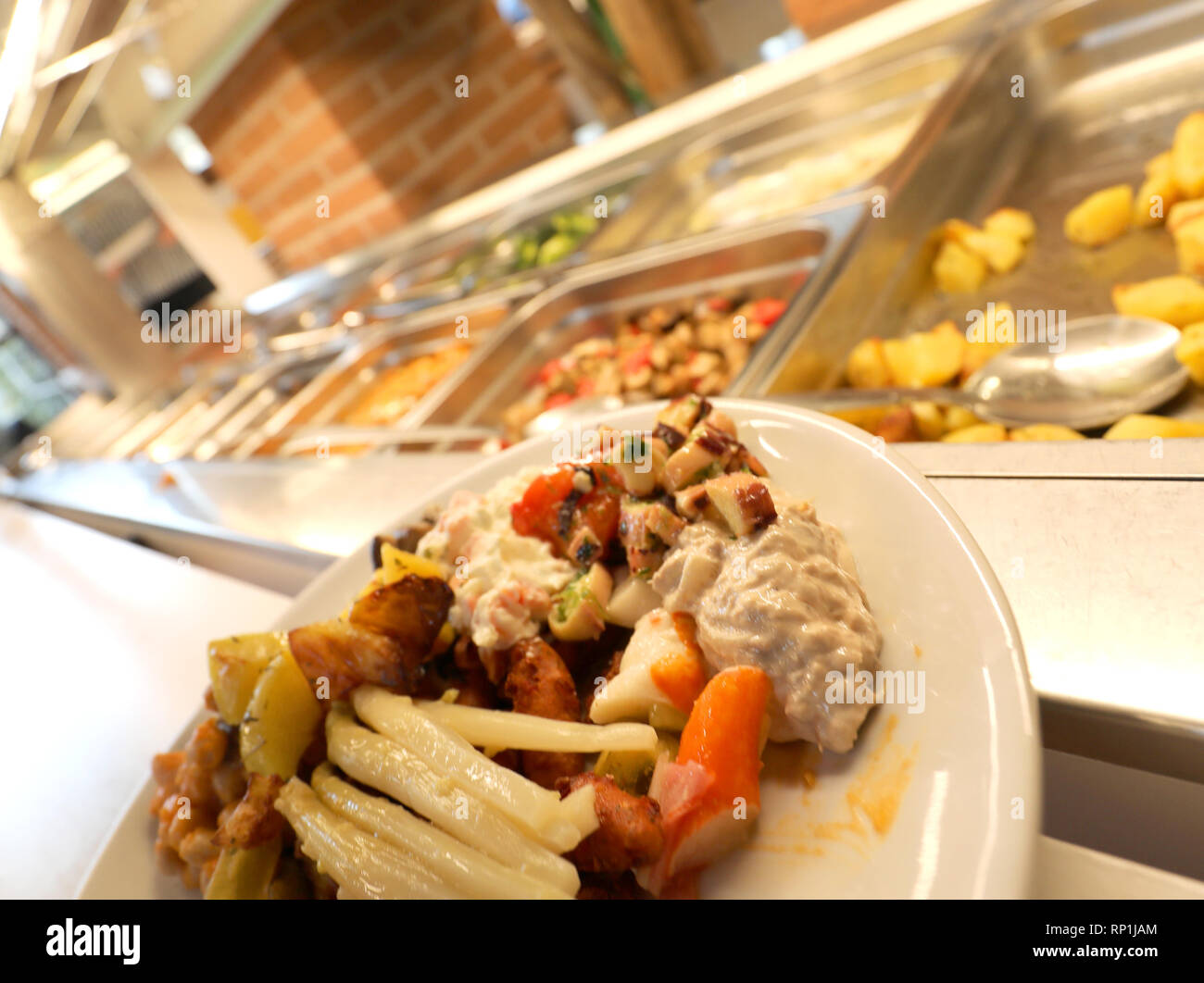 dish Inside a self service restaurant with many raw and cooked foods ...