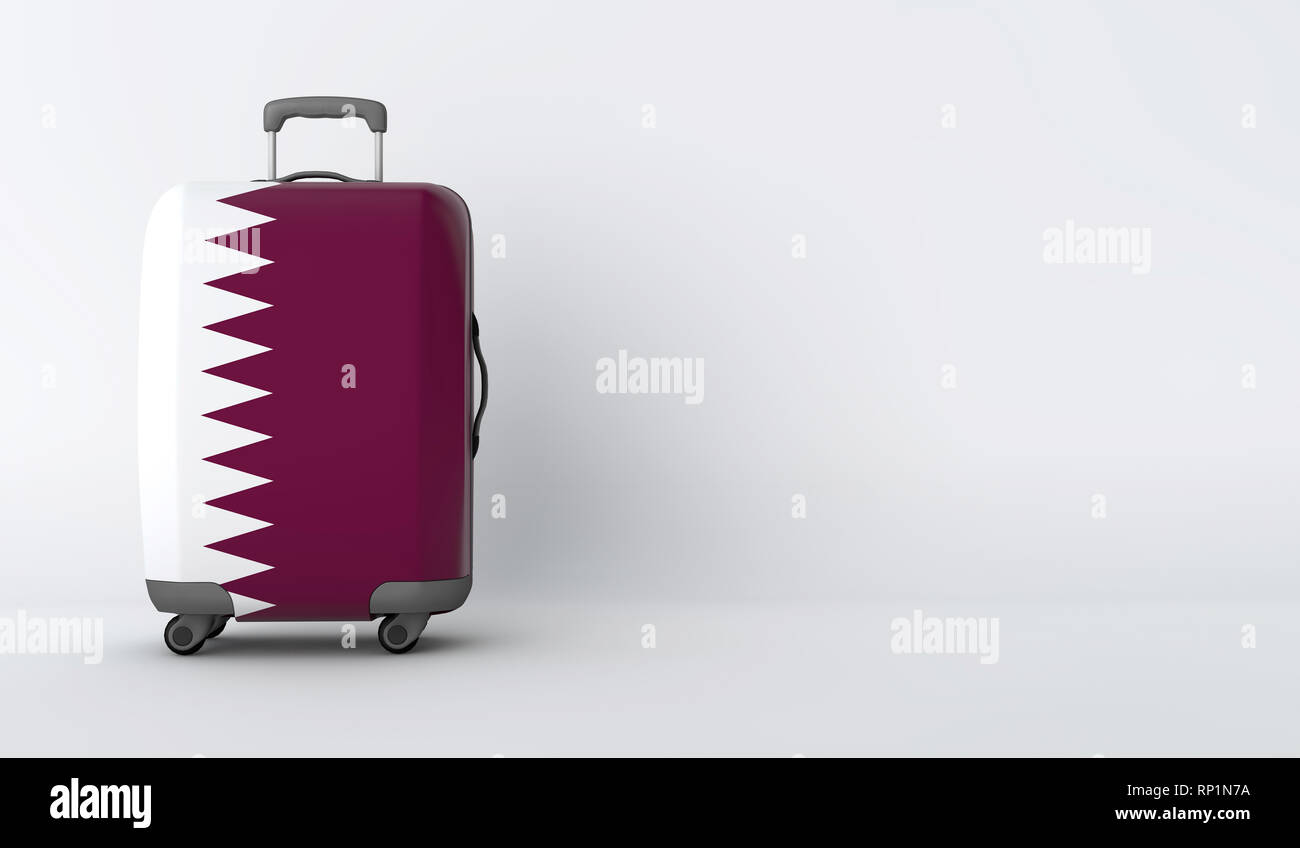 Travel suitcase with the flag of Qatar. Holiday destination. 3D Render ...