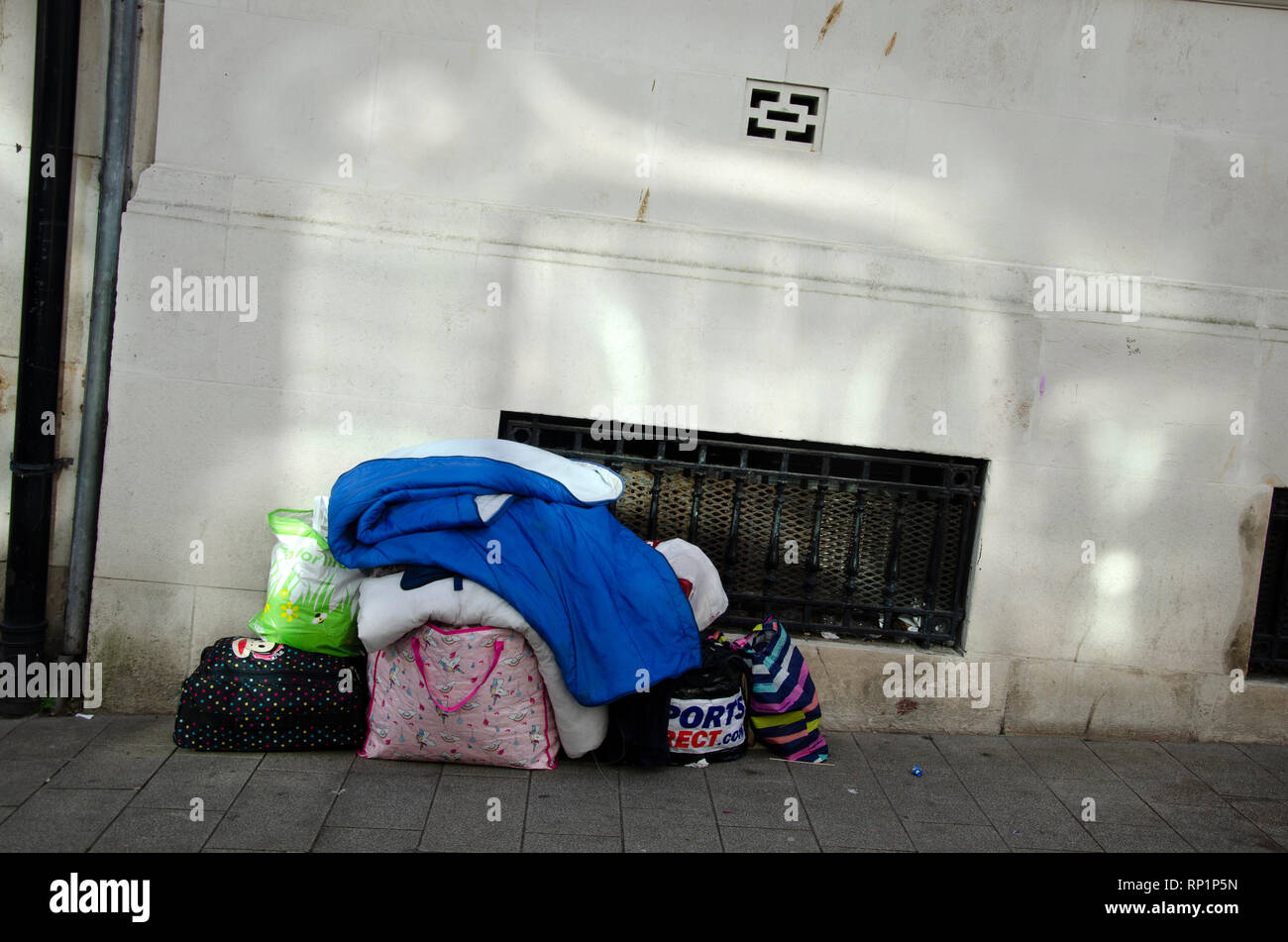 Homeless persons belongings left unattended on the street Stock Photo ...