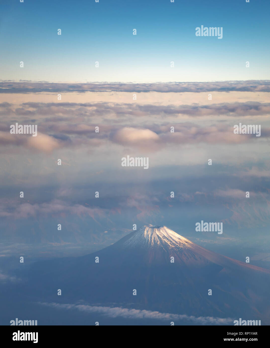 View form airplane window. Mount Fuji ( Mt. Fuji ) with blue sky and ...
