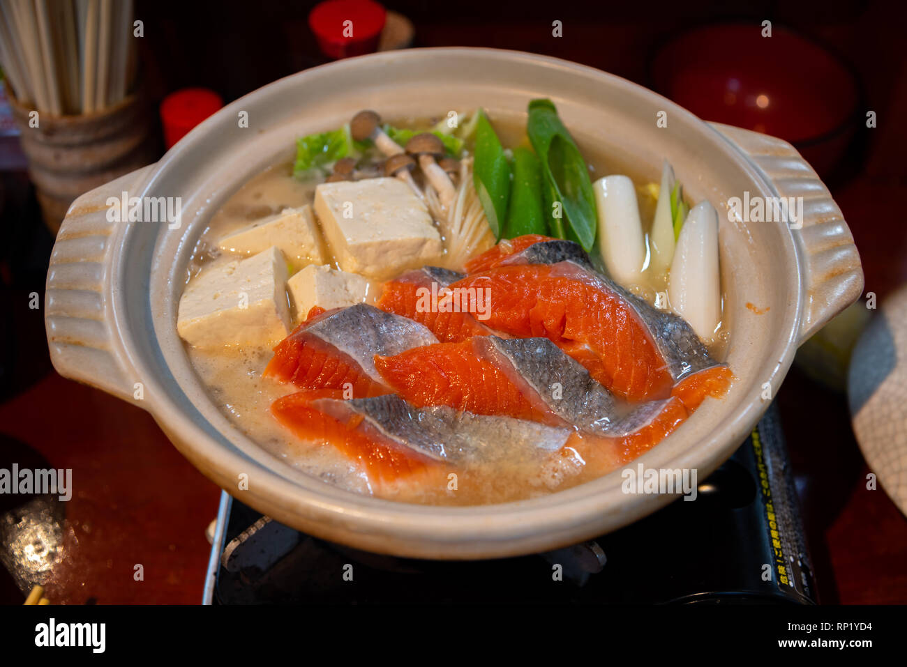 Japanese cuisine " Ishikari-nabe ", a Japanese style hot pot with ...