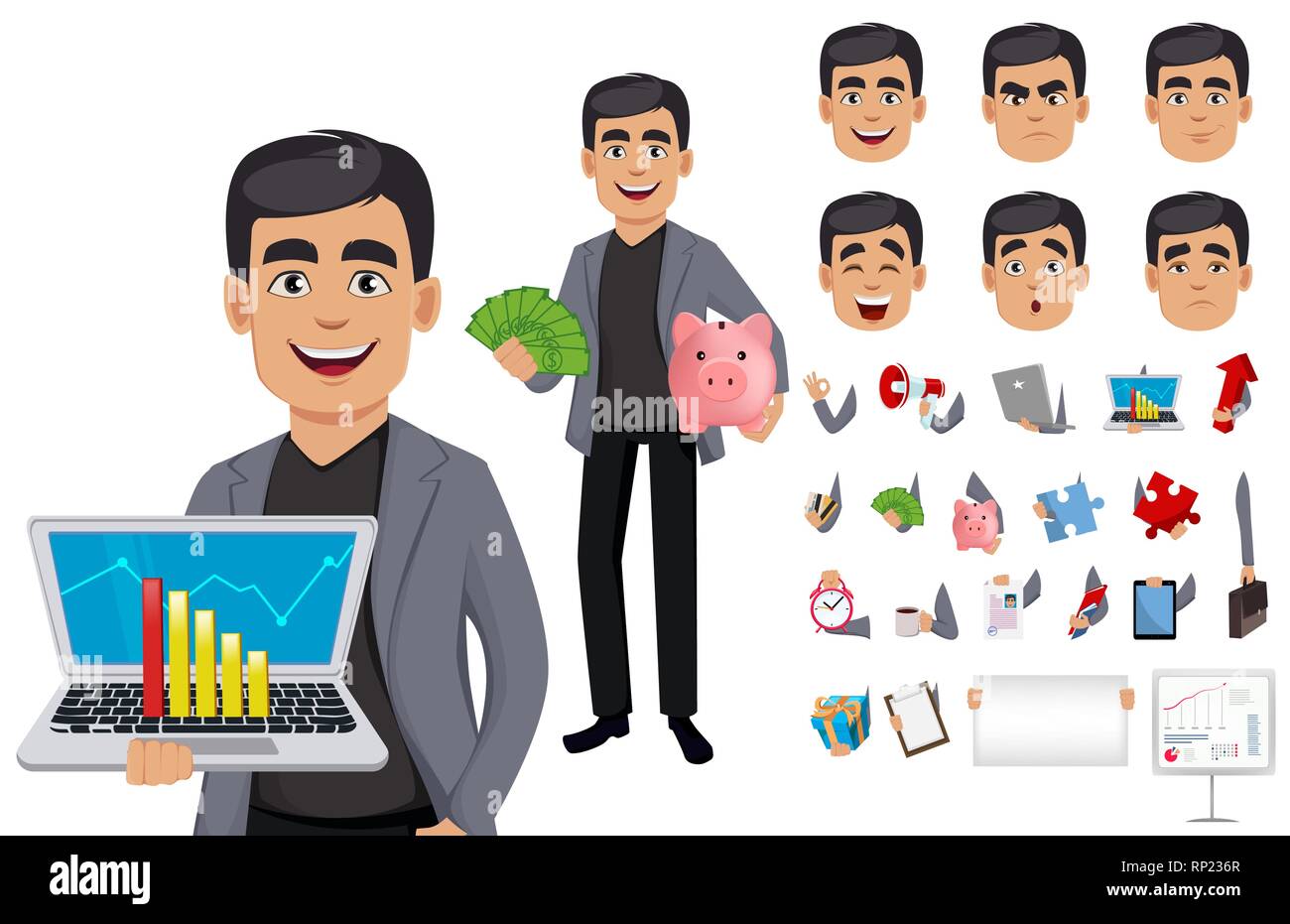 Business man cartoon character. Handsome businessman. Pack of body ...