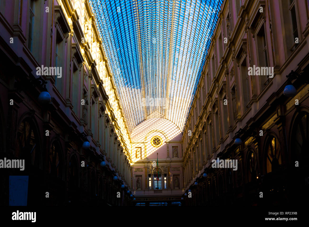 Transparent ceiling made of glass. Wired ceiling between two buildings ...