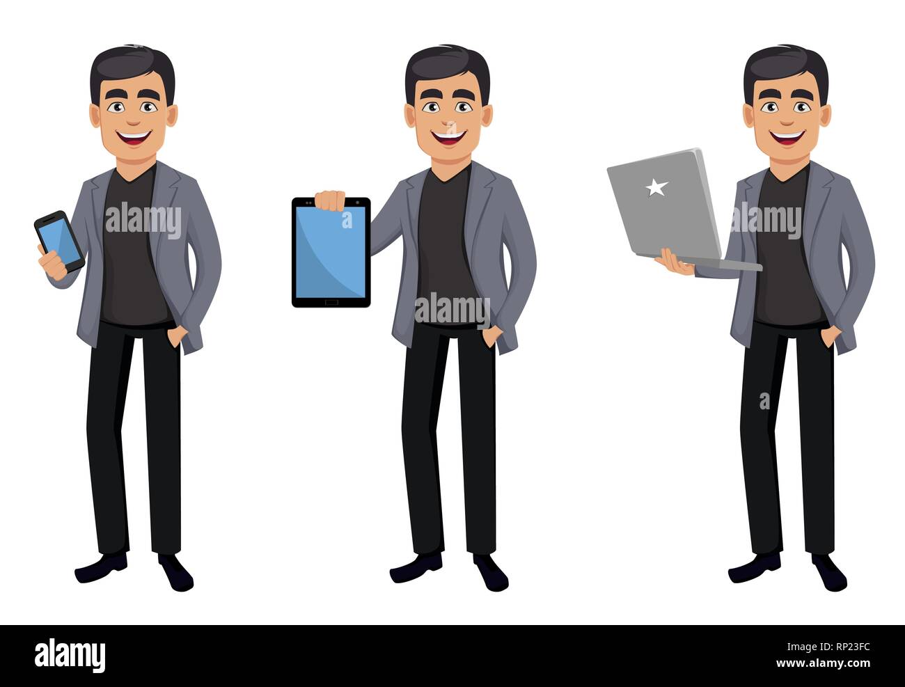 Business man cartoon character, set three poses. Handsome businessman ...
