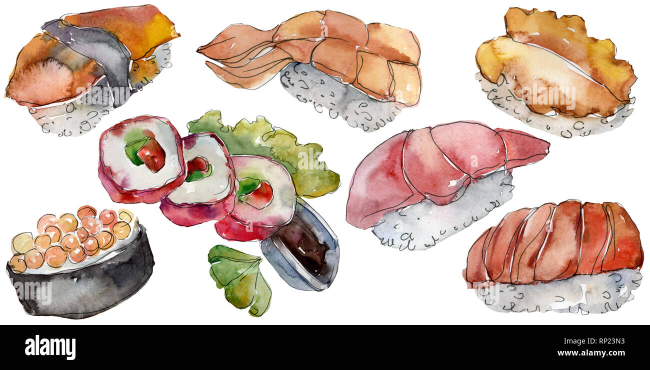 Watercolor sushi set of beautiful tasty japanese food illustration ...
