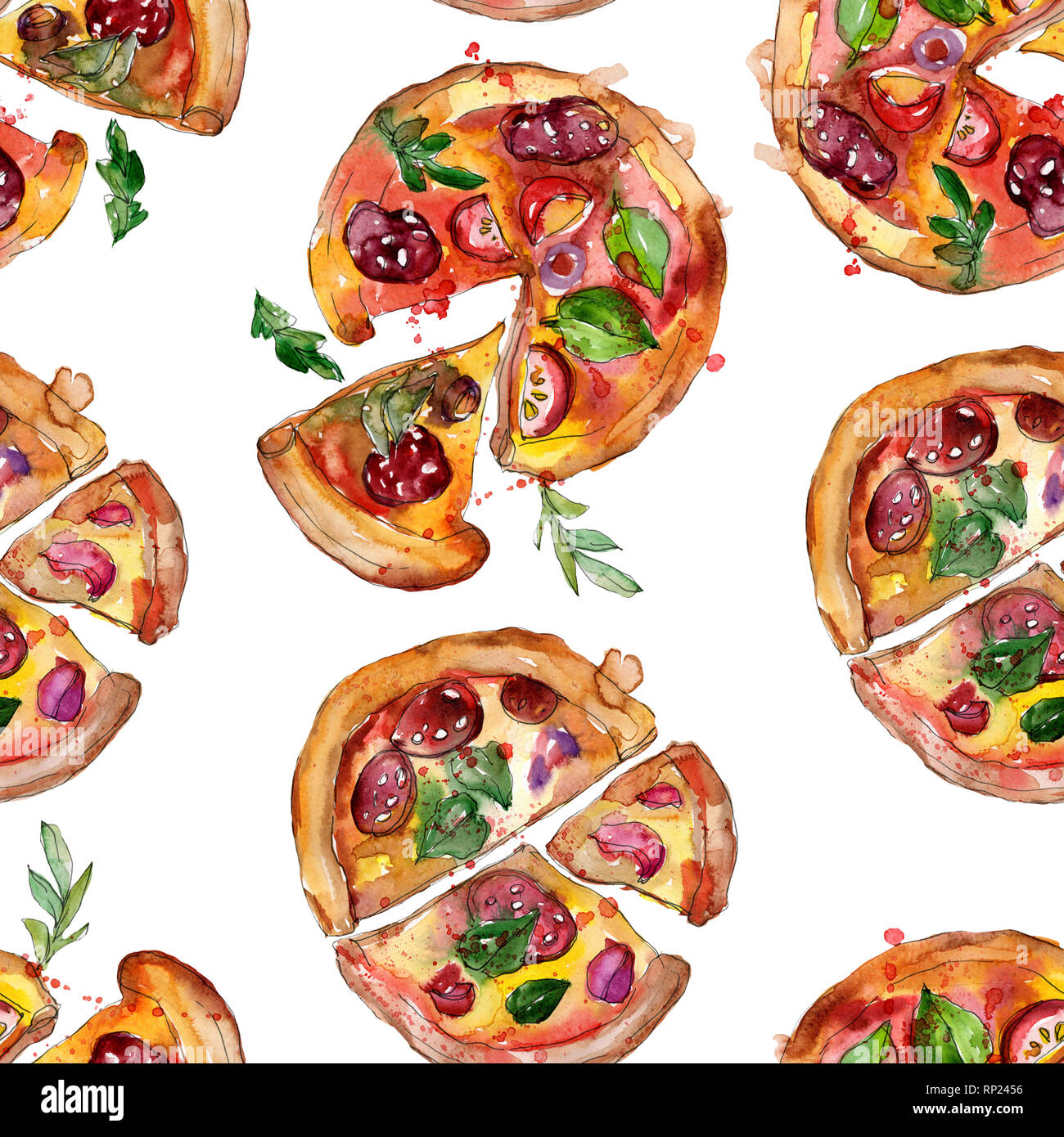 Fast food itallian pizza in a watercolor style isolated set ...