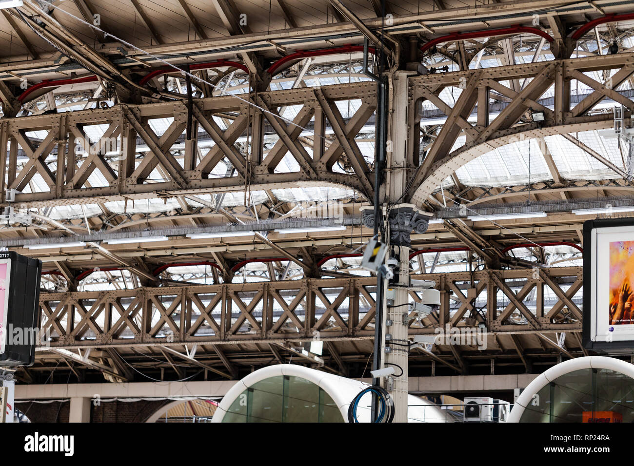 Modern architecture with metal construction. Roof with iron ...