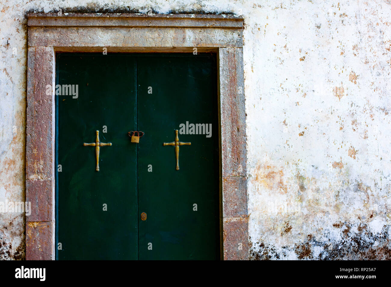 Wooden doors with Christian cross on the church. Ancient old wooden ...