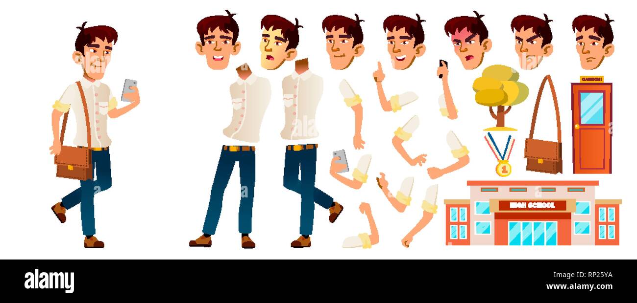 Asian Boy Schoolboy Kid Vector. High School Child. Animation Creation ...