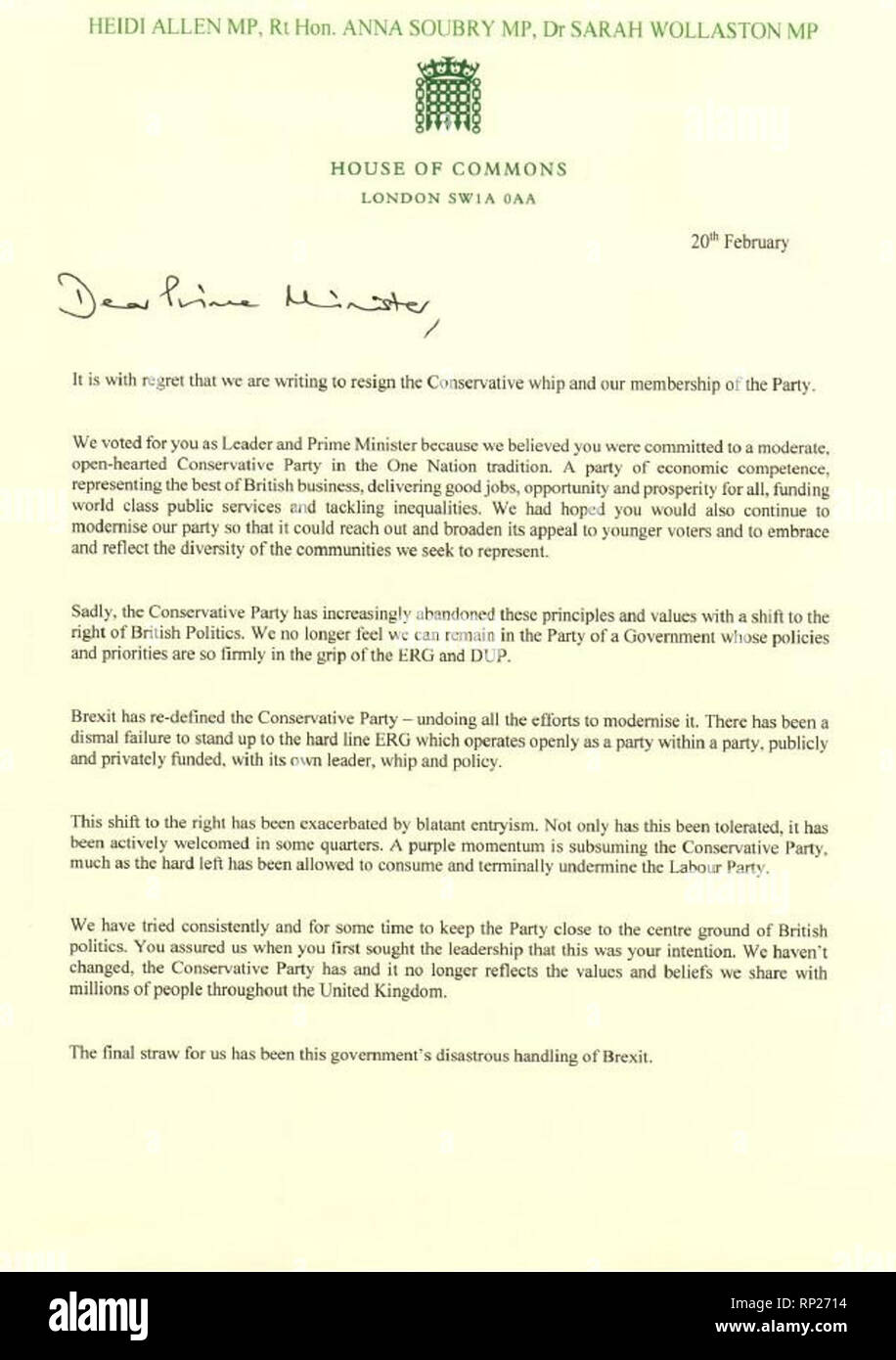 Page 1/2. The letter to the Prime Minister, written and signed by MPs ...