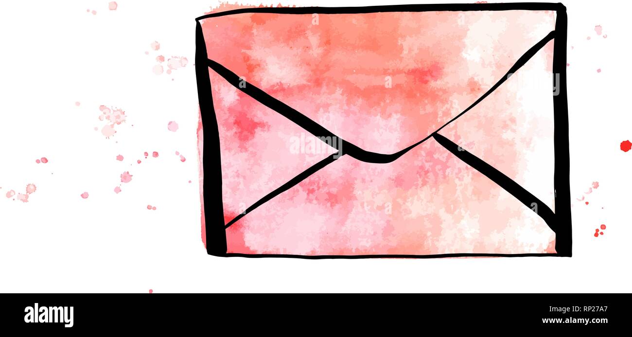 A vector and watercolor drawing of a pink envelope on a white ...